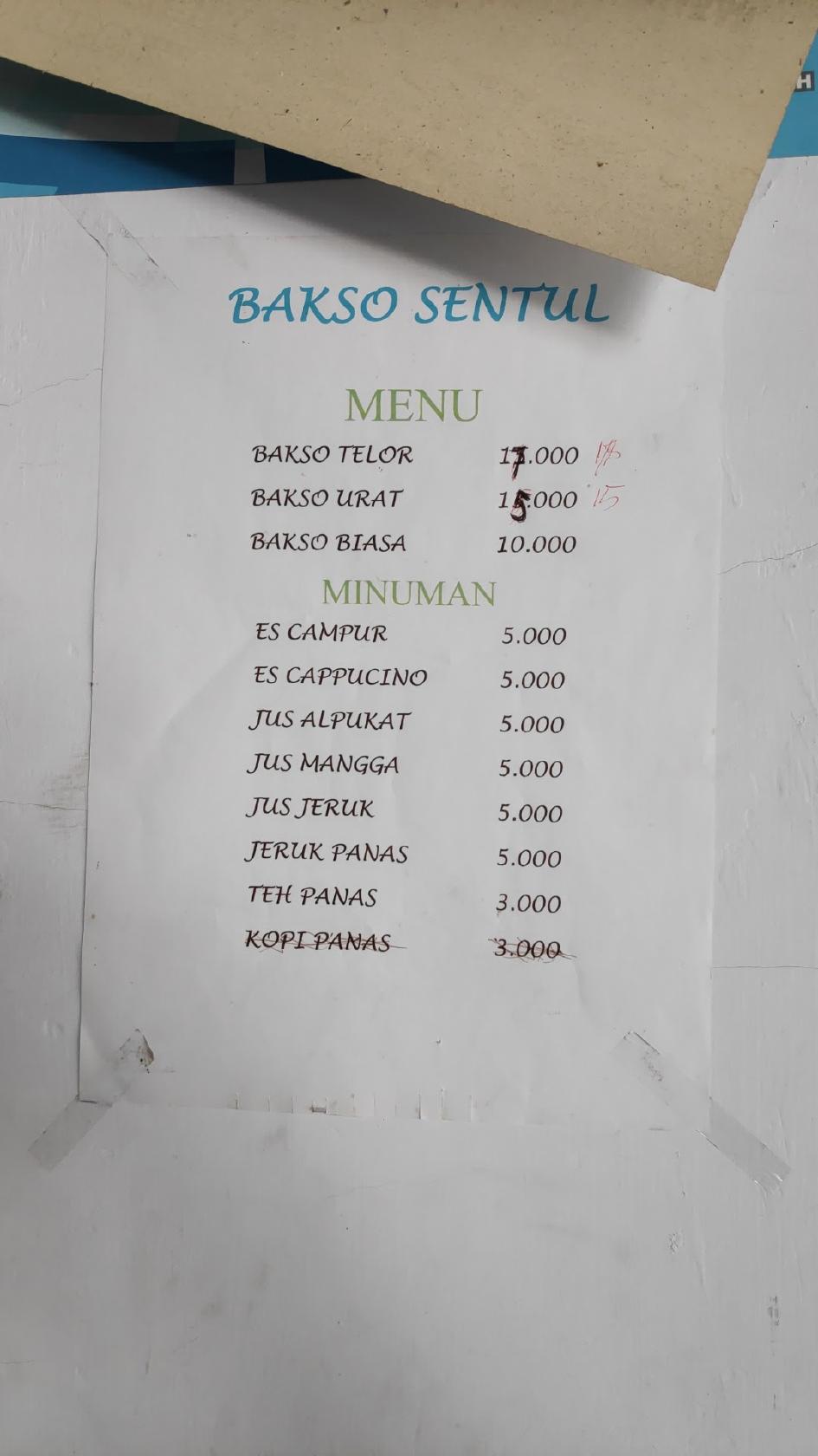 Menu at Bakso Sentul restaurant, Curup