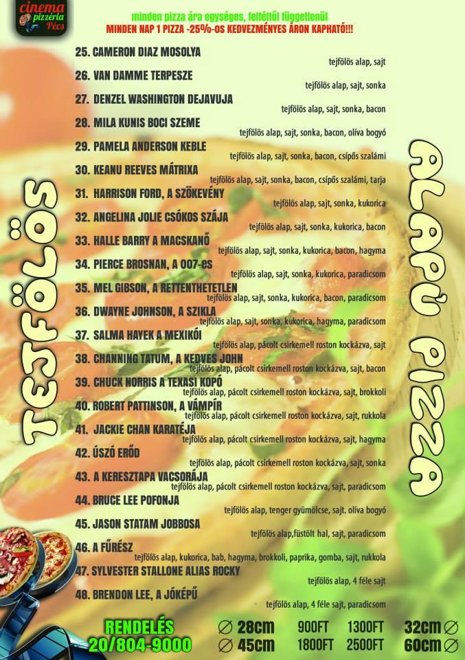 Menu at Cinema Pizzéria pizzeria, Pécs
