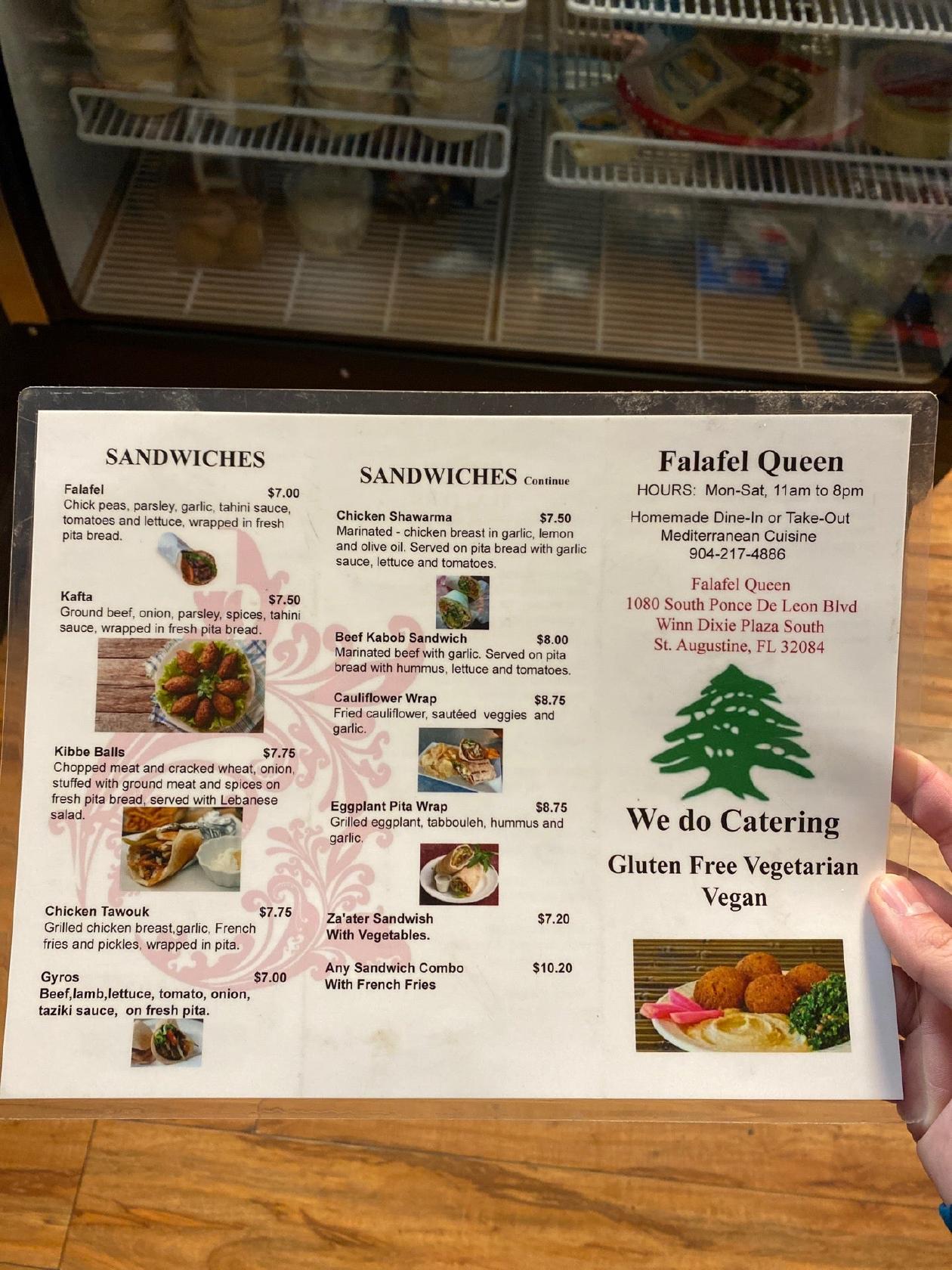 Menu at Falafel Queen restaurant, St. Augustine