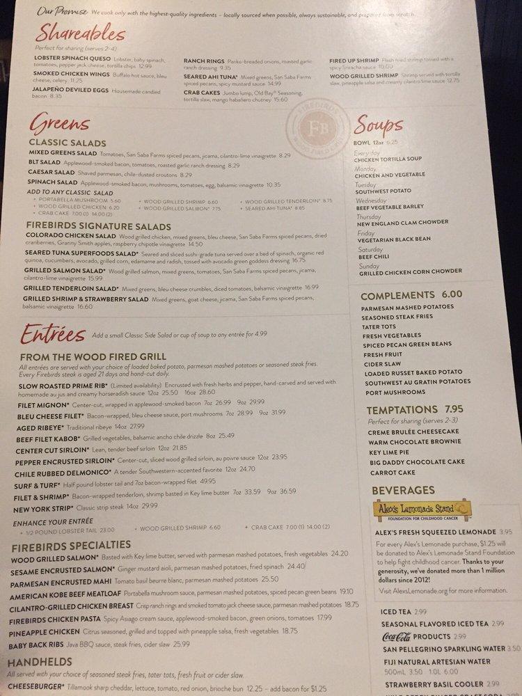 Menu at Firebirds Wood Fired Grill pub & bar, Indianapolis