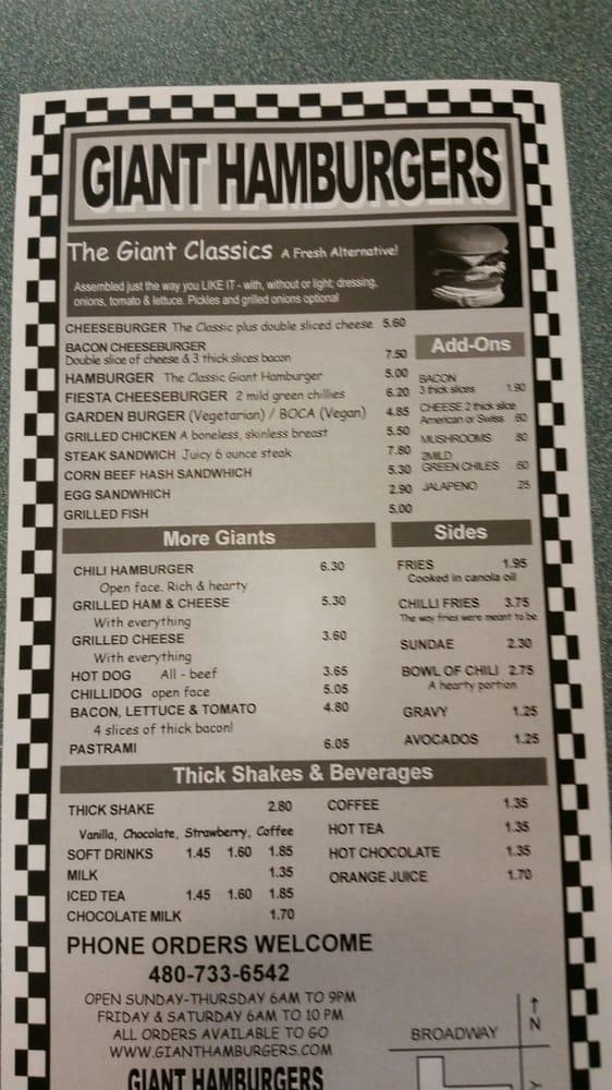 Menu at Giant Hamburgers restaurant, Mesa
