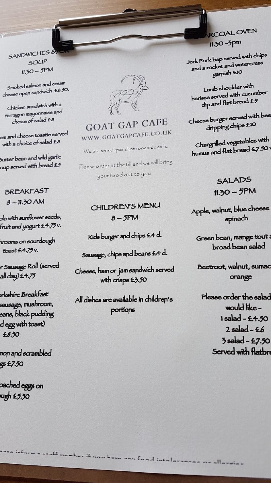 Menu at Goat Gap Cafe, Clapham cum Newby