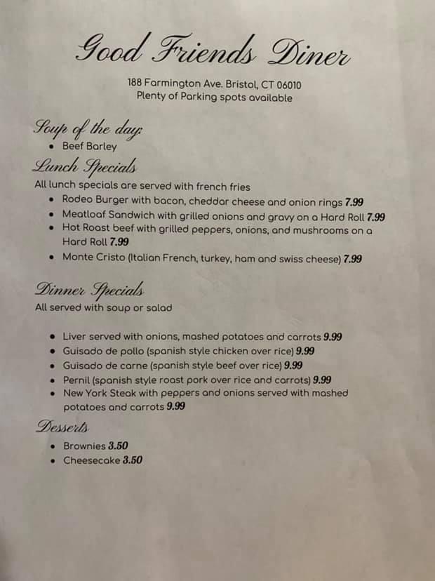 Menu at Good Friends Diner restaurant, Bristol