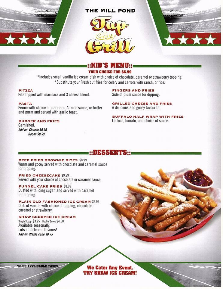 Menu at Mill Pond Tap & Grill restaurant, Canada