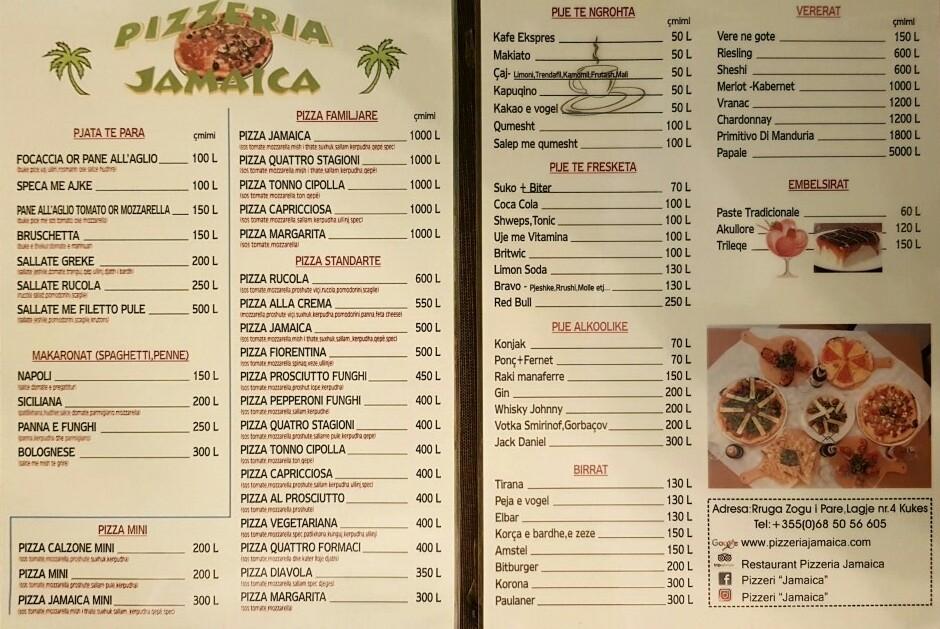 Menu at Pizzeria Jamaica, Kukës