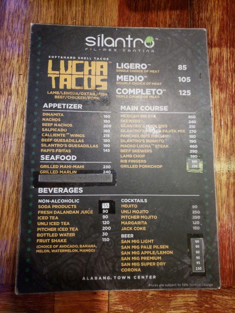 Menu at Silantro Fil-Mex restaurant, Muntinlupa