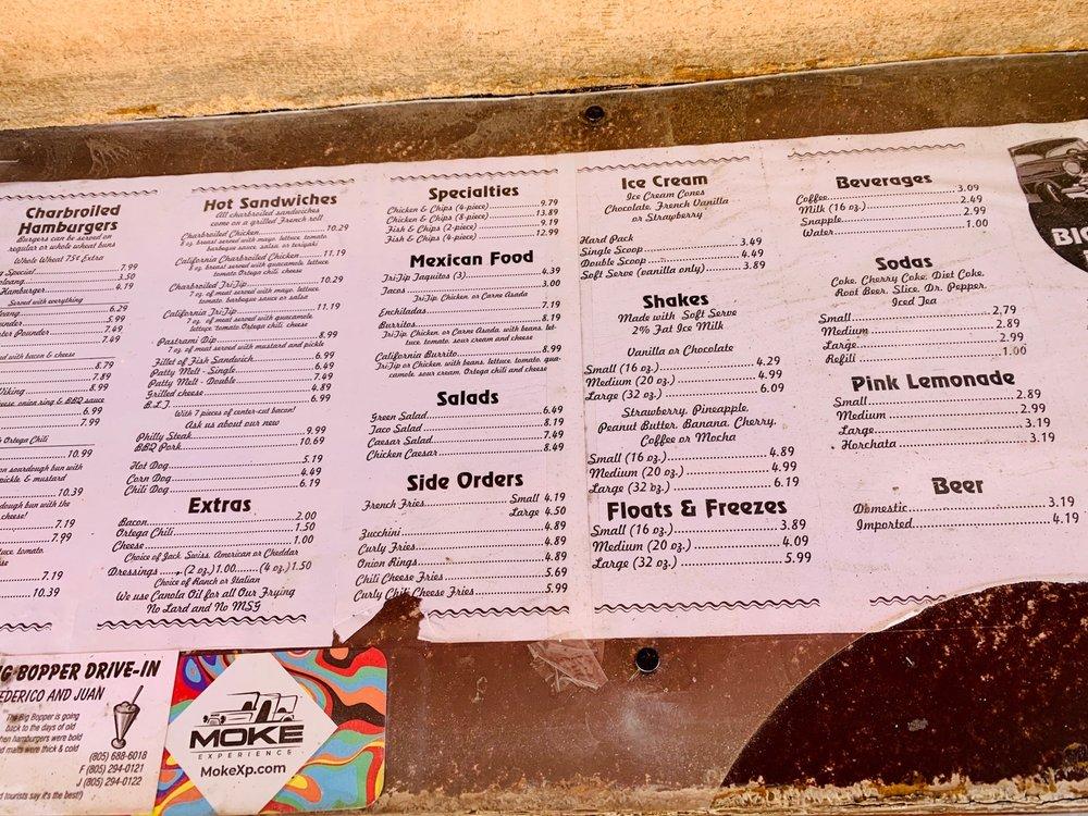 Menu at Big Bopper Drive-in restaurant, Solvang