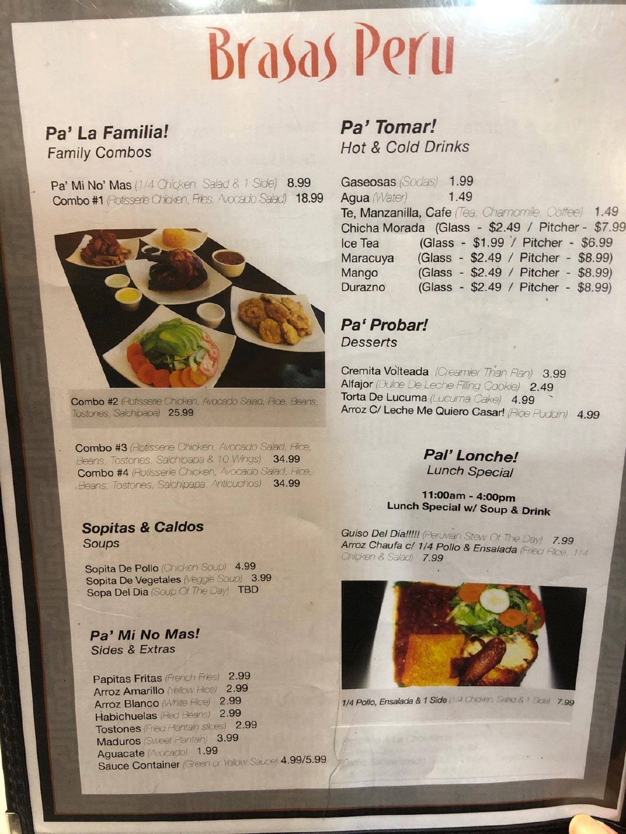 Menu at Brasas Peru Bistro restaurant, Franklin Square