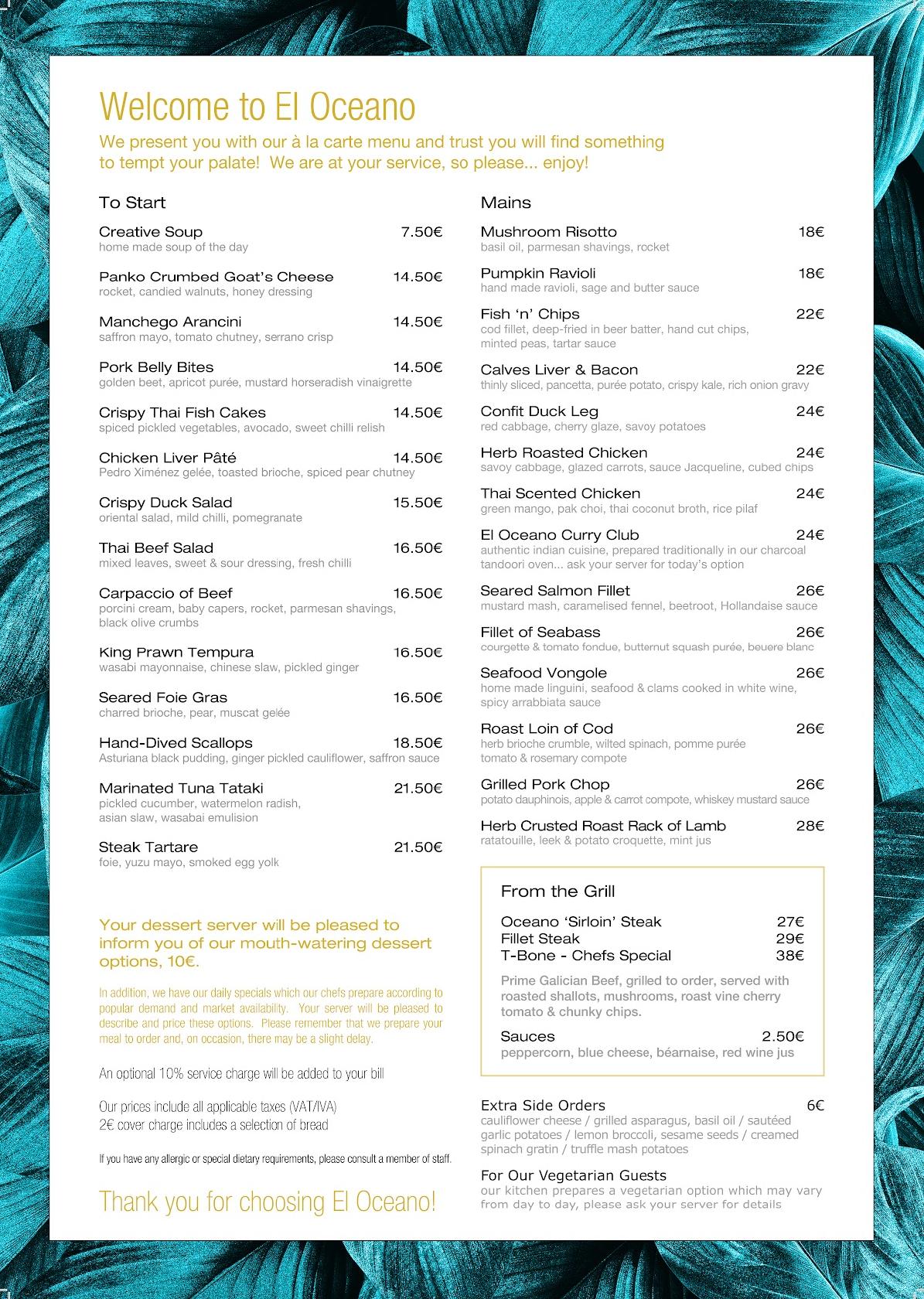 Menu at El Oceano Beach Hotel restaurant, Mijas