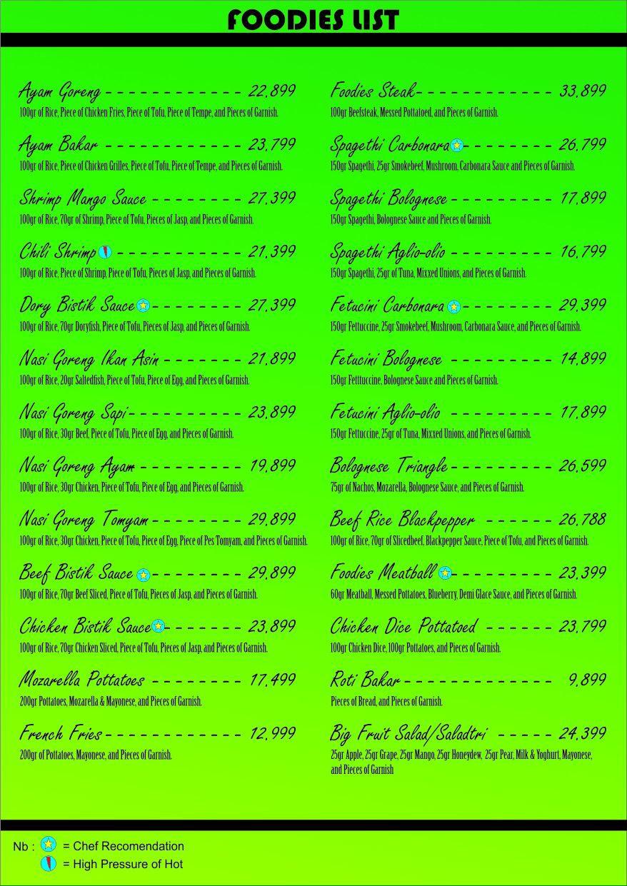 Menu at Foodies fast food, Bandung, Jl. Dr. Setiabudi No.74