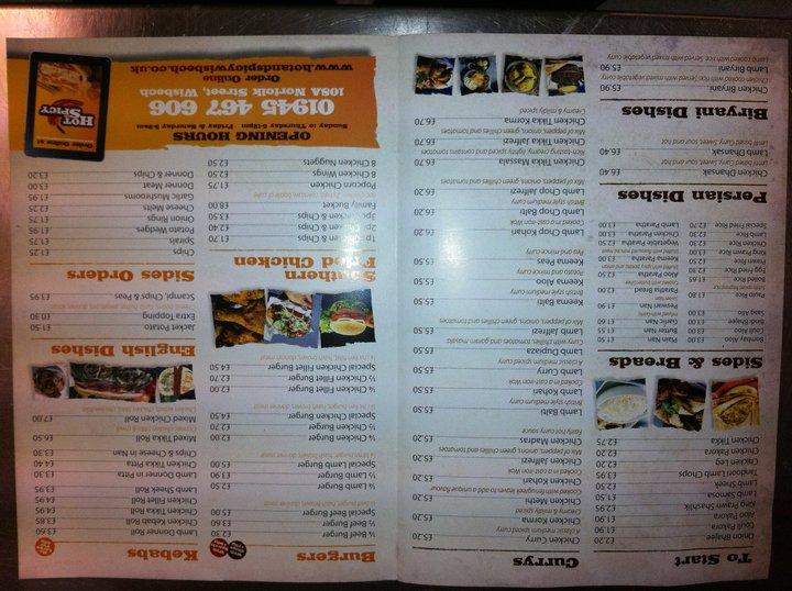 Menu at Hot and Spicy fast food, Wisbech