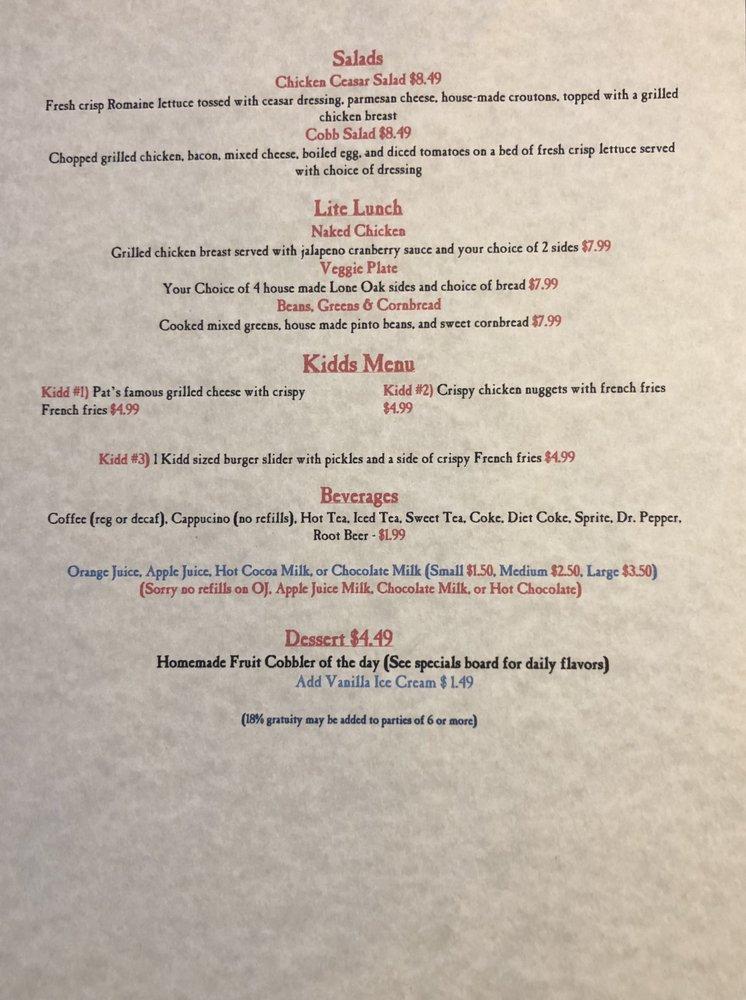 Menu at Lone Oak Cafe, Sanger