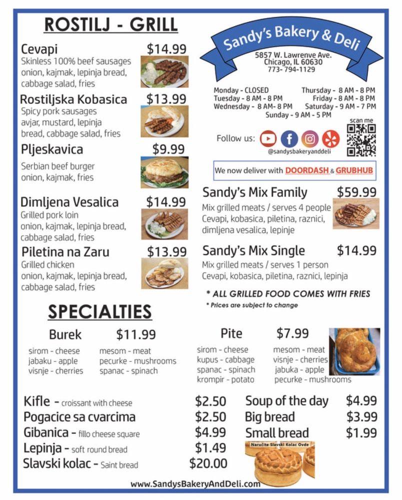 Menu at Sandy's Bakery & Deli, Chicago