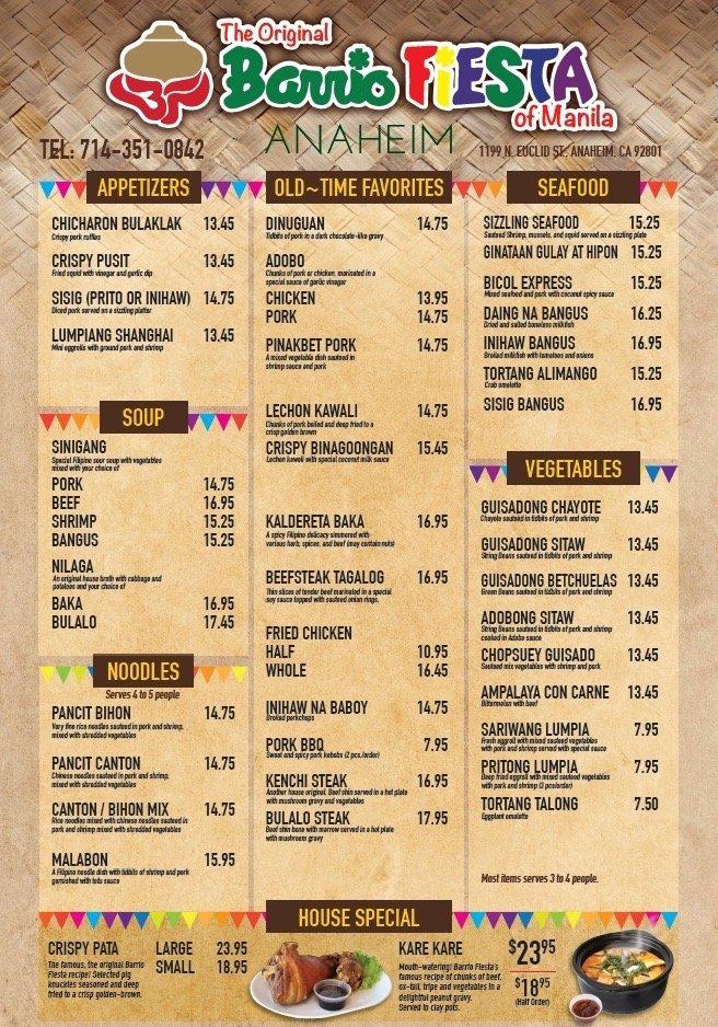 Menu at The Original Barrio Fiesta Of Manila, Anaheim