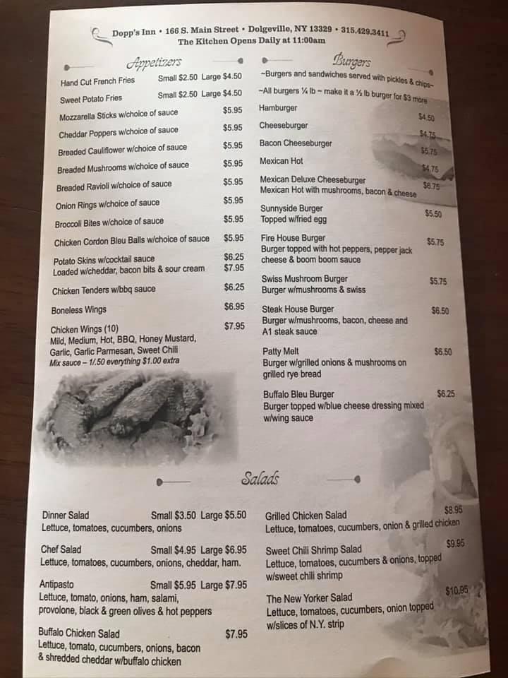Menu at Dopp's Inn restaurant, Dolgeville