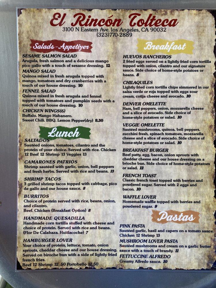 Menu at El Rincon Tolteca restaurant, Los Angeles
