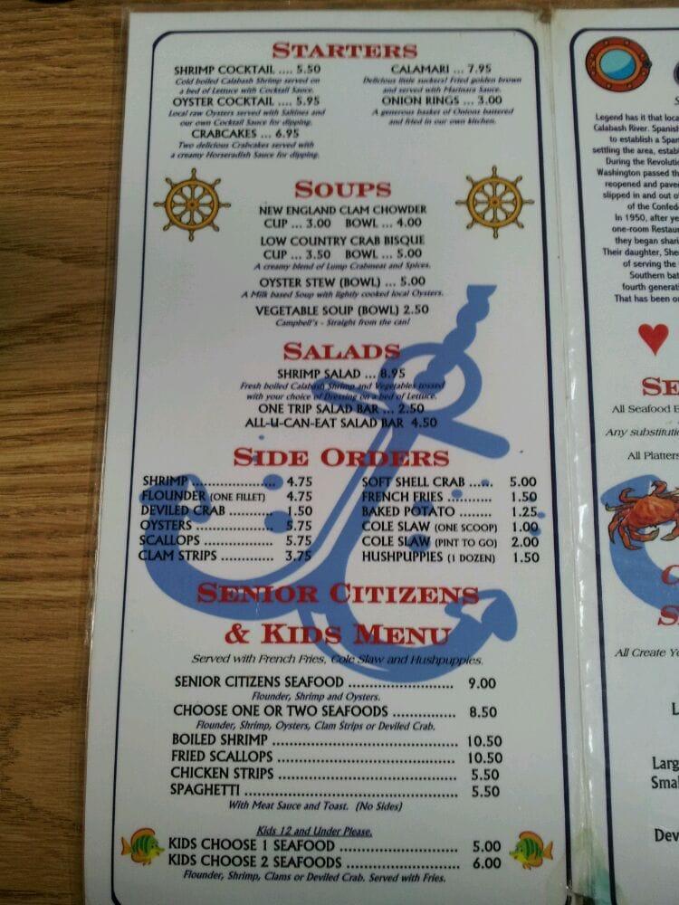 Menu at Ella's of Calabash restaurant, Calabash