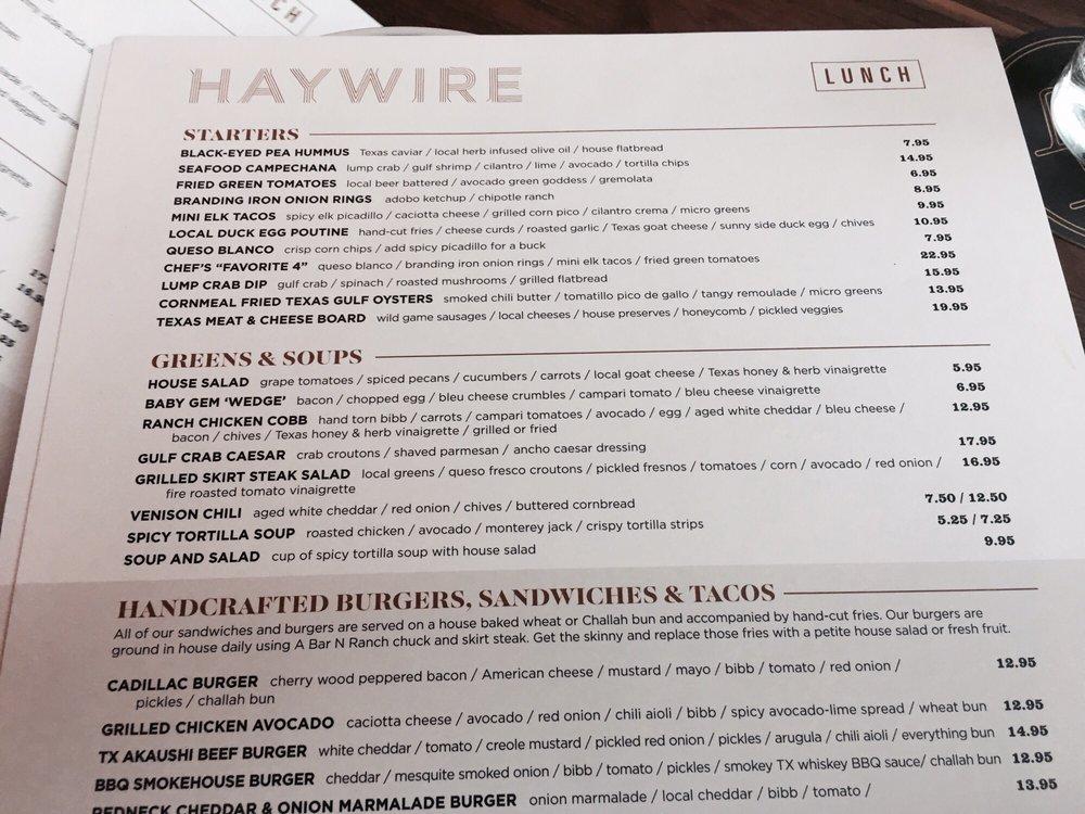 Menu at Haywire restaurant, Plano