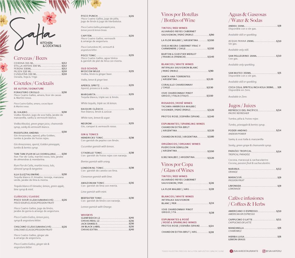 Menu at Saha Peruvian Kitchen restaurant, Miraflores