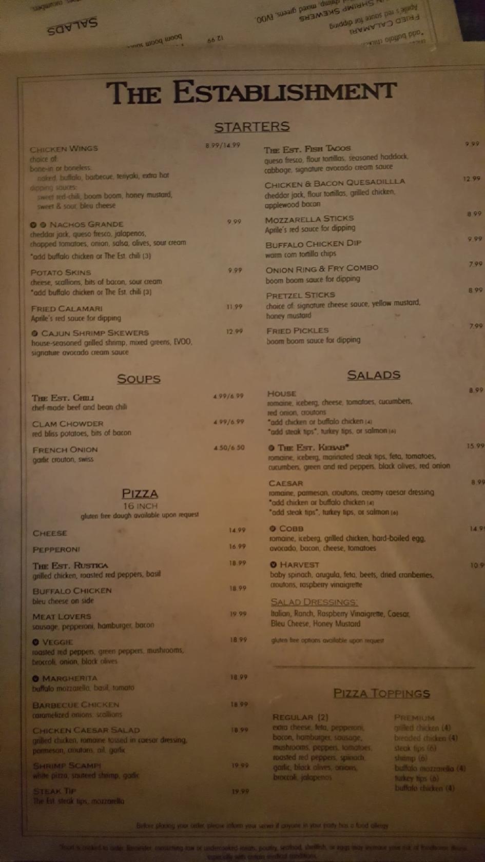 Menu at the Establishment pub & bar, Chelmsford