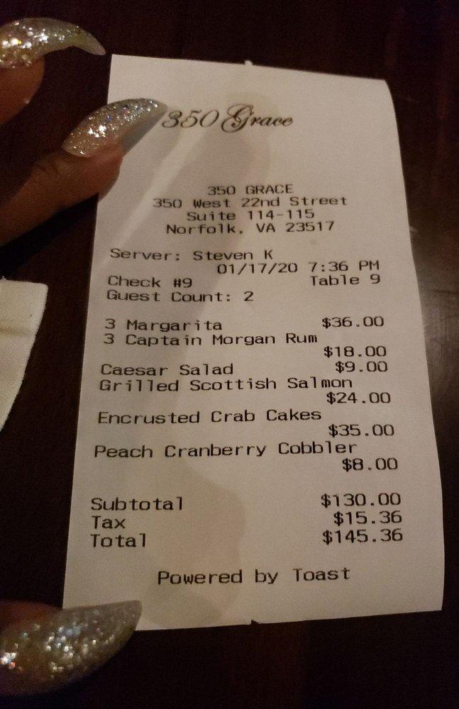 Menu at 350 Grace restaurant, Norfolk