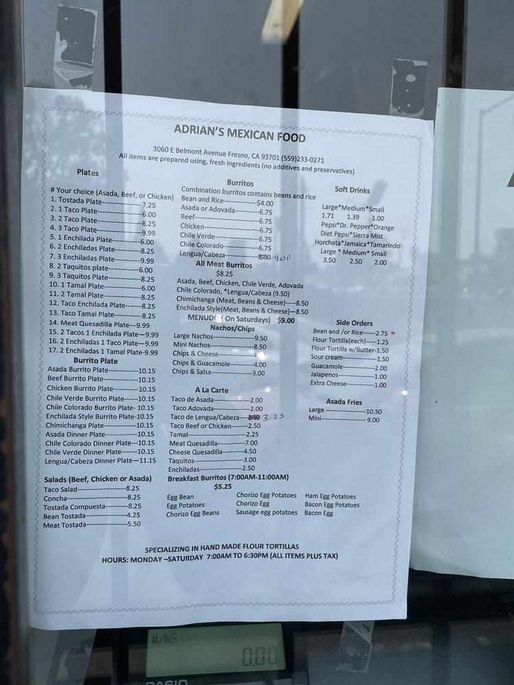 Menu at Adrian's restaurant, Fresno