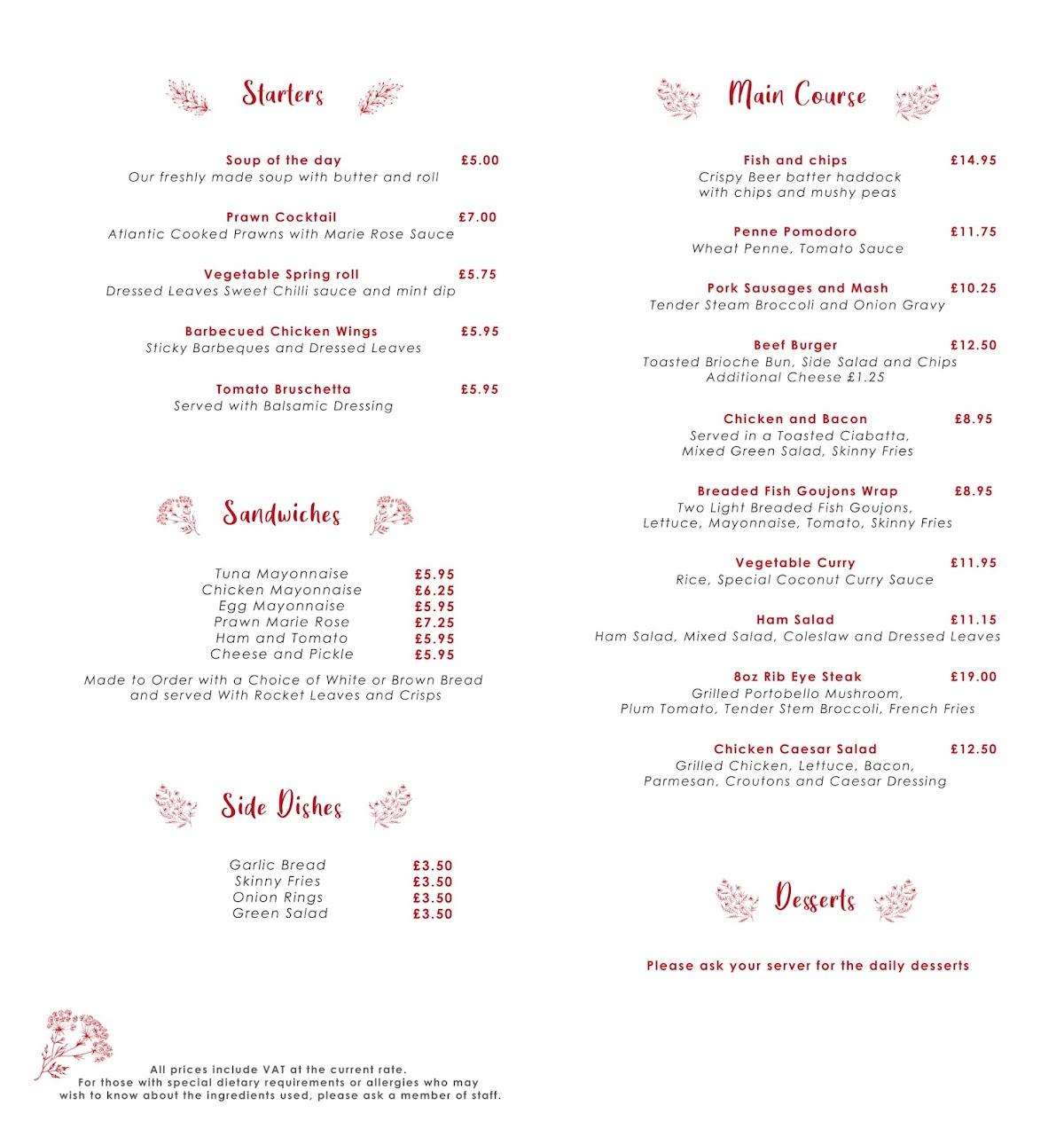 Menu at Chaplin’s Restaurant, Nairn