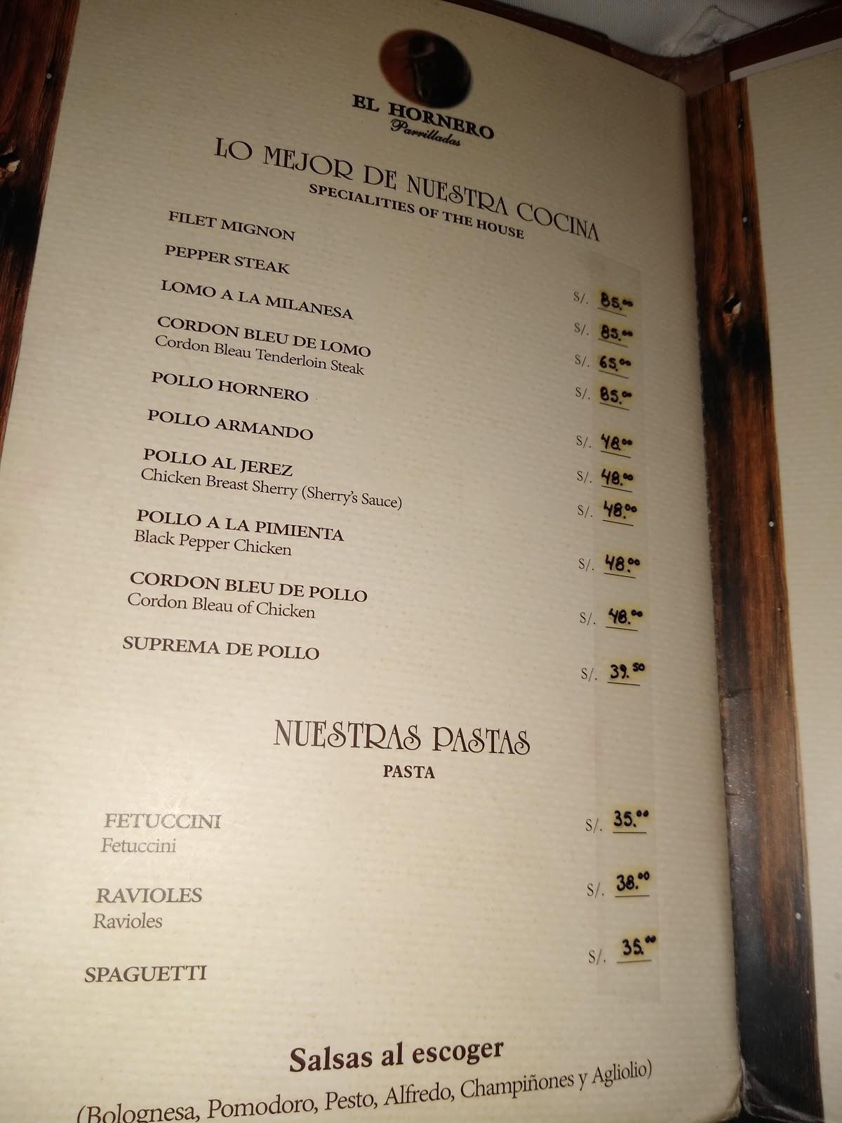 Carta del restaurante El Hornero Chorrillos, Miraflores