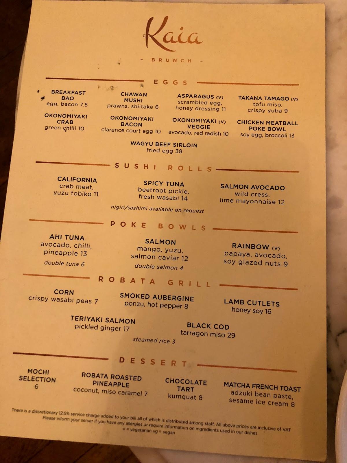 Menu at Kaia pub & bar, London