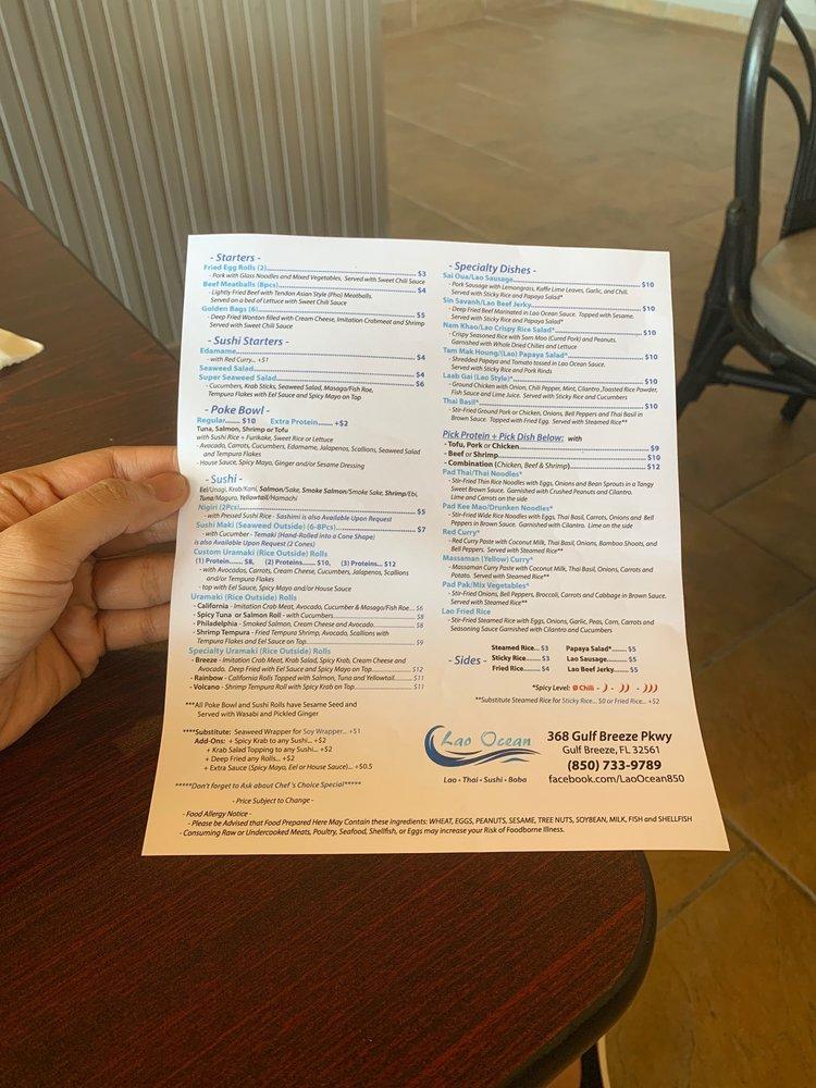 Menu at Lao Ocean restaurant, Gulf Breeze