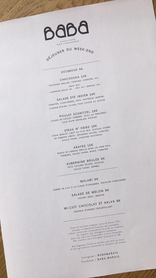 Menu at Le Baba restaurant, Paris, 17 Rue Charlot