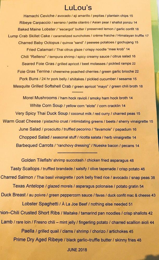 Menu at Lulou's restaurant, Reno