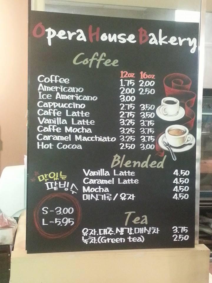 Menu at Opera House Bakery, Los Angeles