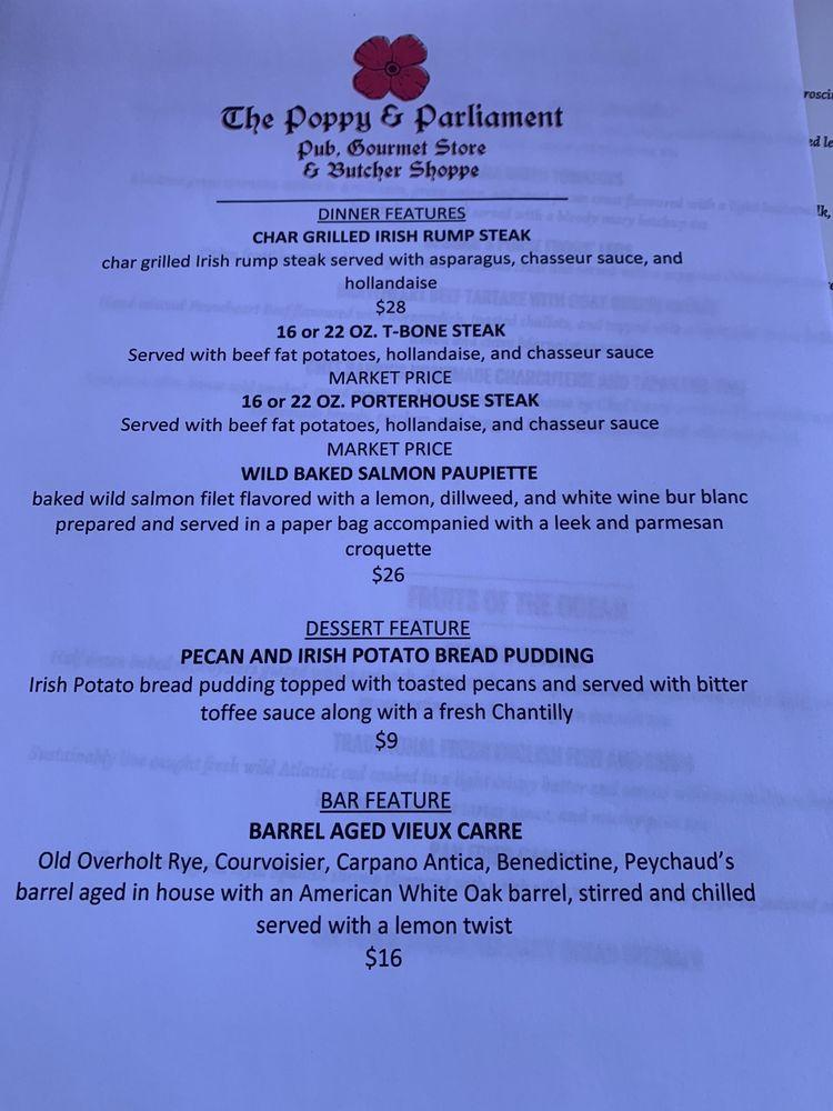 Menu at The Poppy and Parliament pub & bar, Huntsville