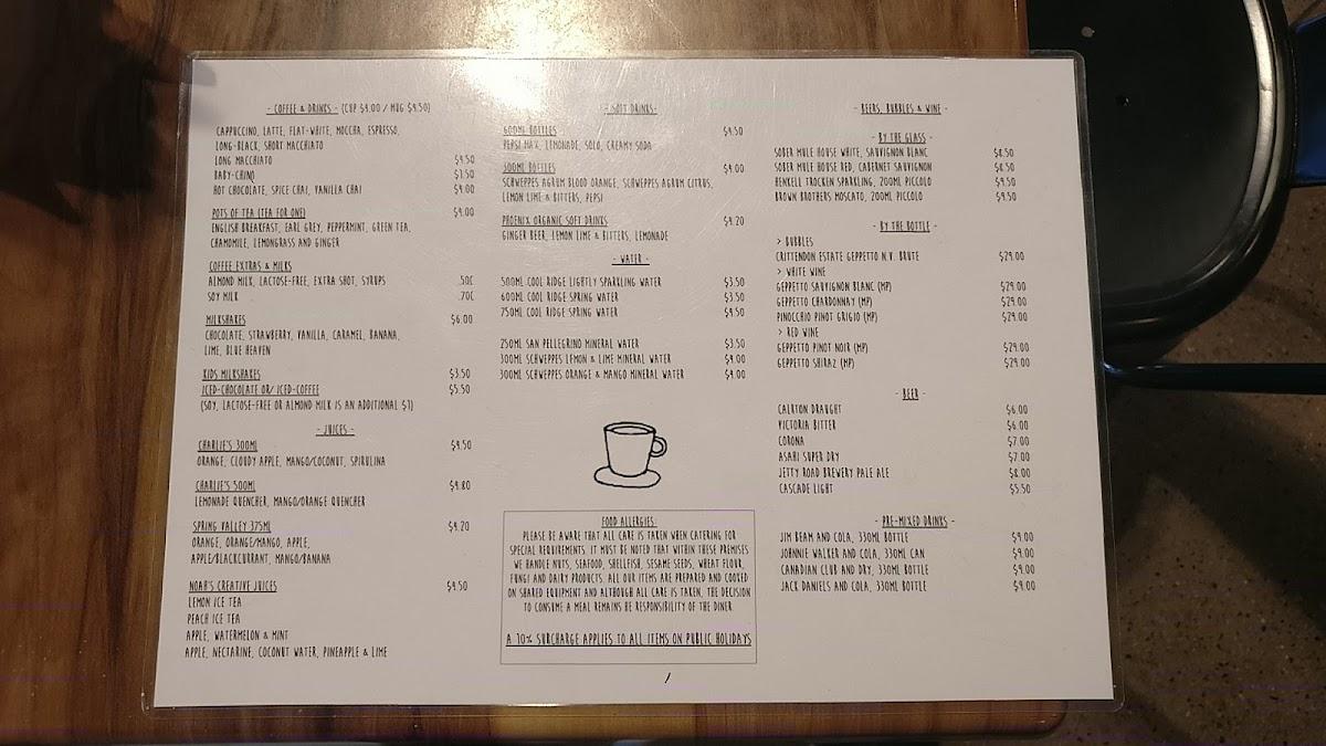 Menu at The Sober Mule cafe, Mornington, Nepean Hwy
