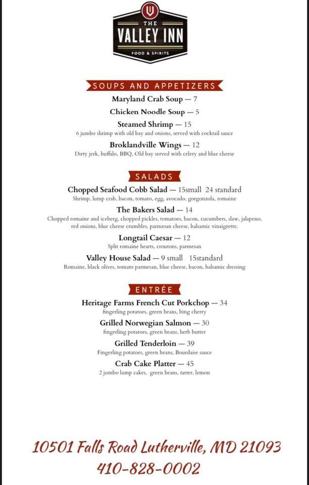 Menu at The Valley Inn pub & bar, Lutherville-Timonium