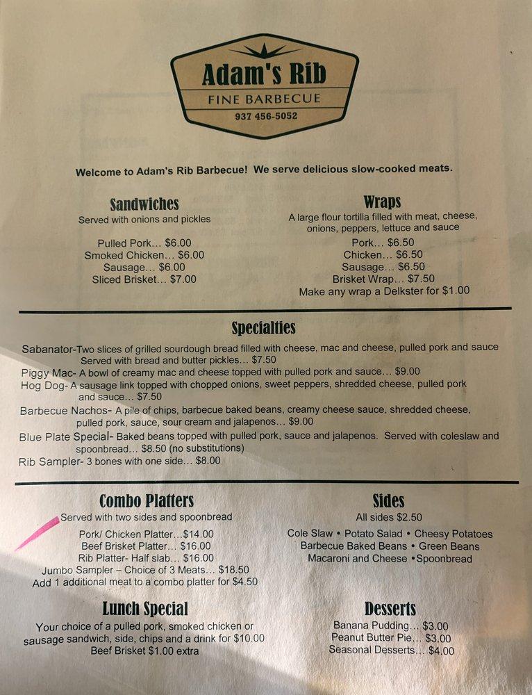 Menu at Adam's Rib Barbecue, Eaton