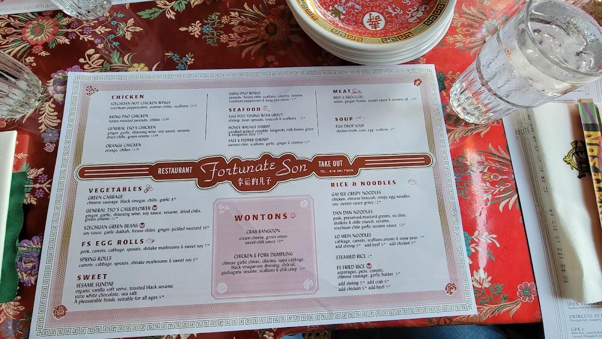Menu at Fortunate Son Chinese restaurant, San Diego