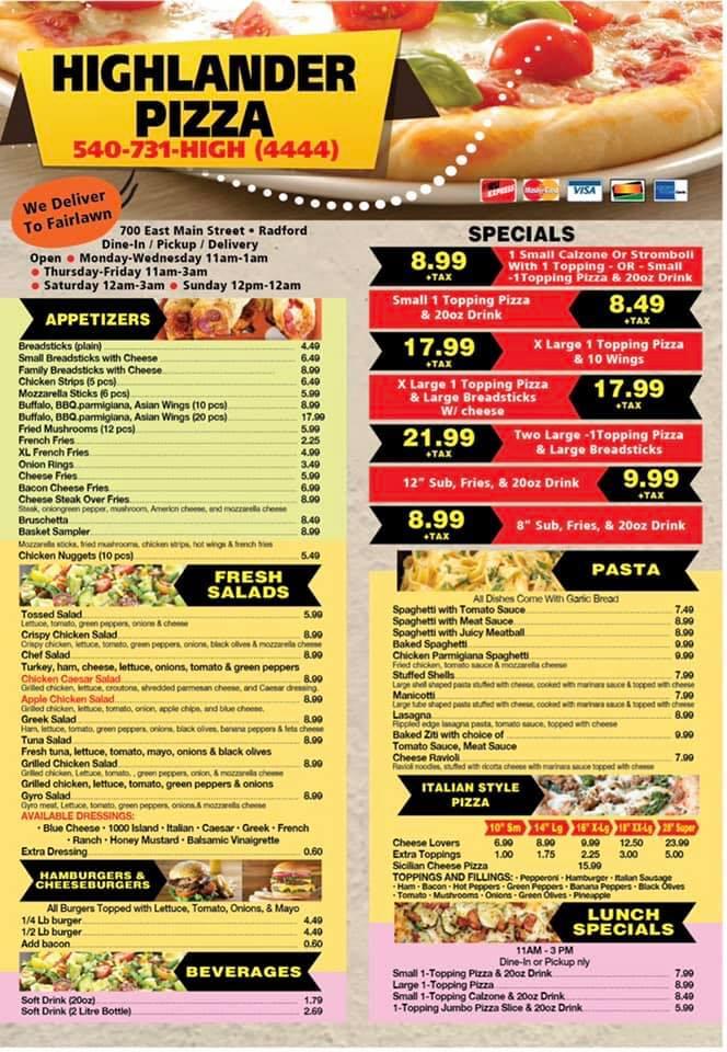 Menu at Highlander Pizza pizzeria, Radford