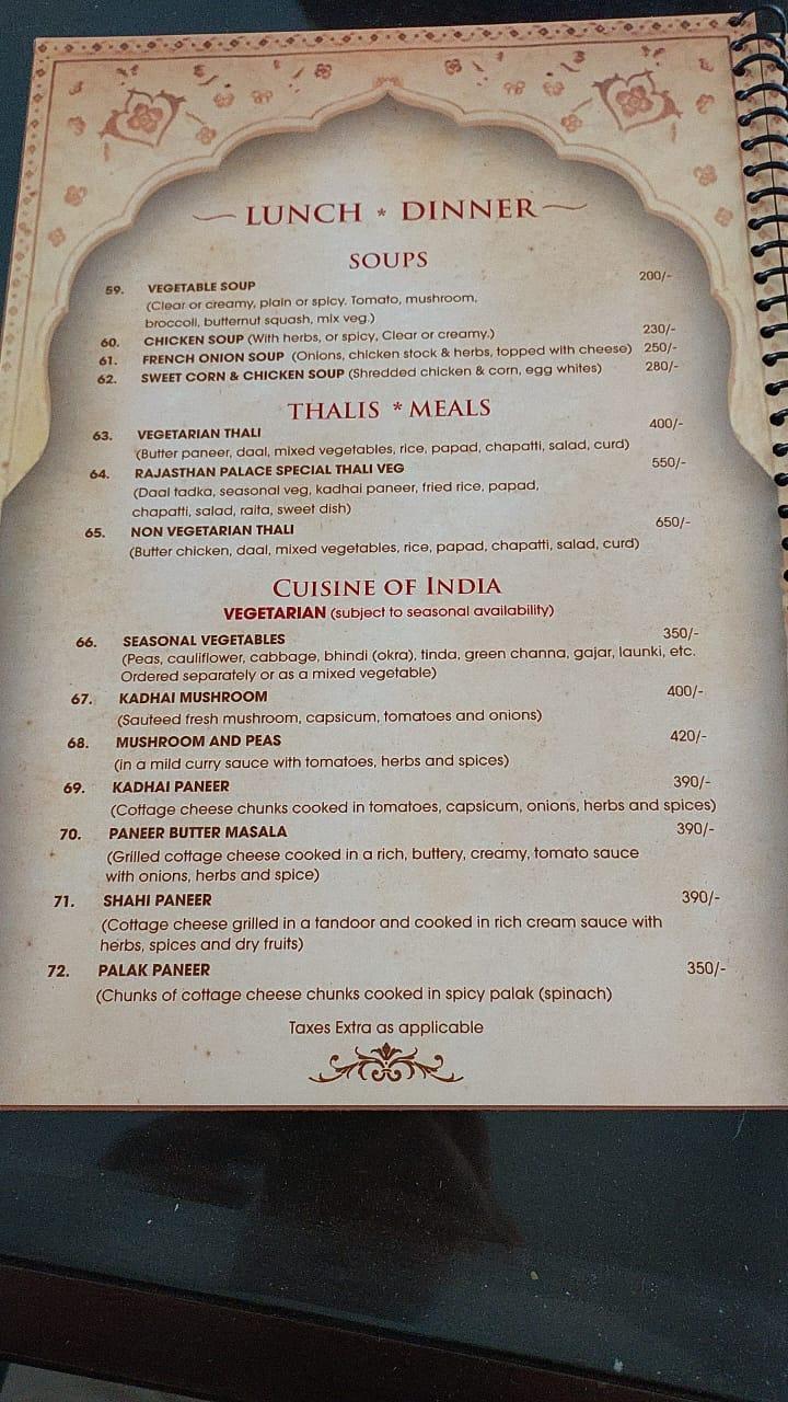Menu at Hotel Rajasthan Palace, Jaipur