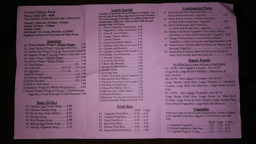 Menu at Liyuen restaurant, Phoenix