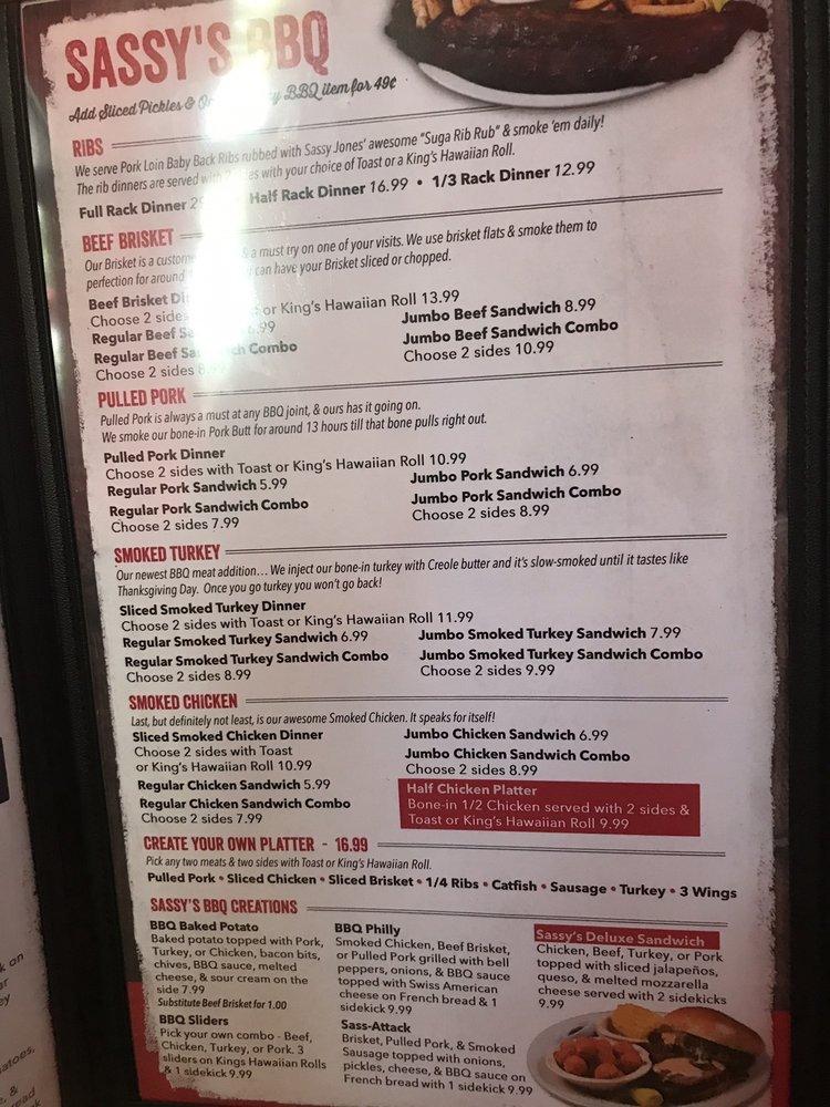 Menu at Sassy's Red House BBQ, Fayetteville