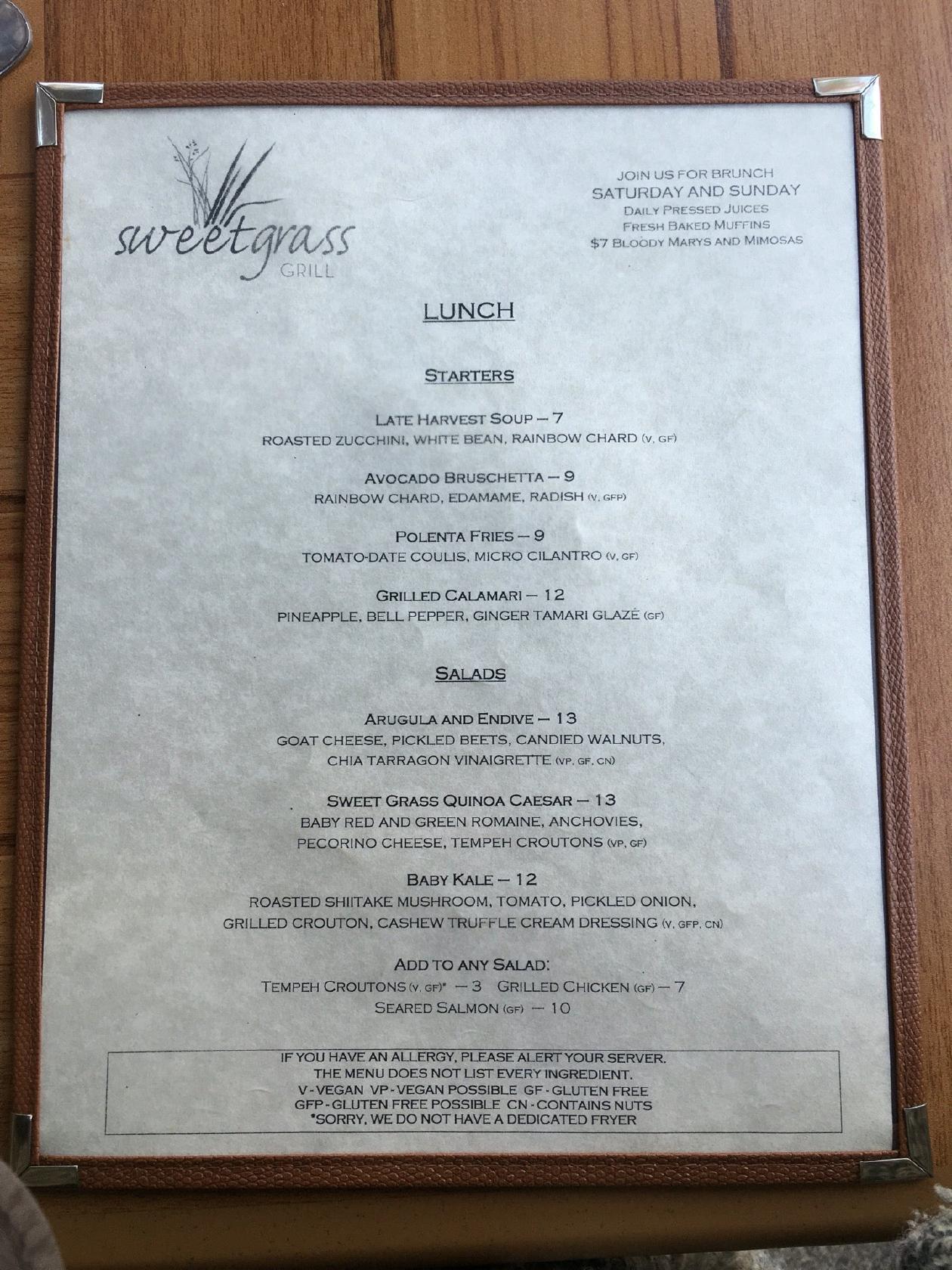 Menu at Sweet Grass Grill restaurant, Tarrytown