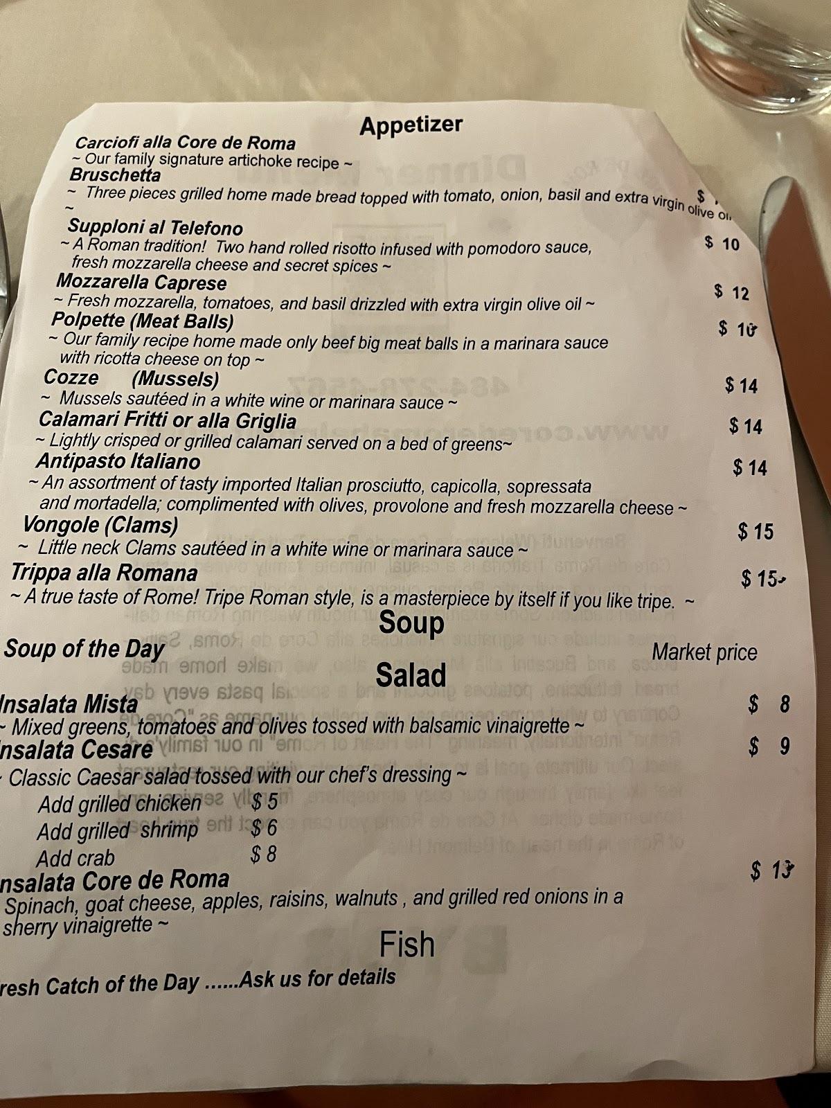 Menu at Core de Roma restaurant, Bala Cynwyd