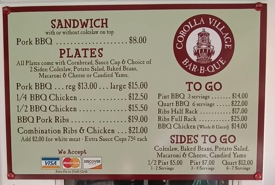 Menu at Corolla Village Barbecue, Corolla