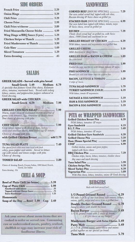 Menu at Dan's Diner restaurant, Warren