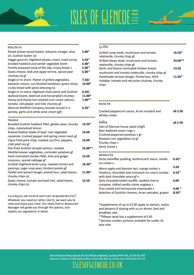 Menu at Isles of Glencoe Hotel restaurant, Glencoe