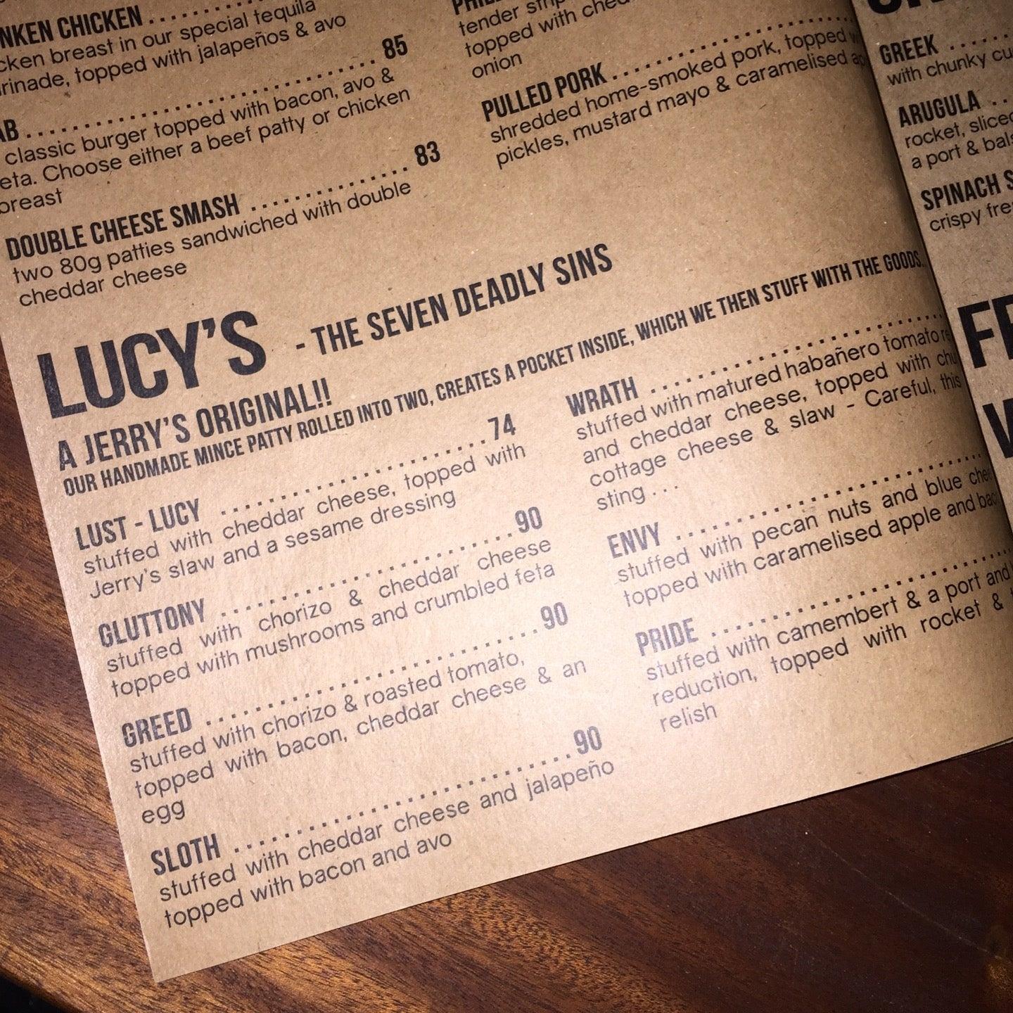 Menu at Jerry's Burger Bar, Cape Town