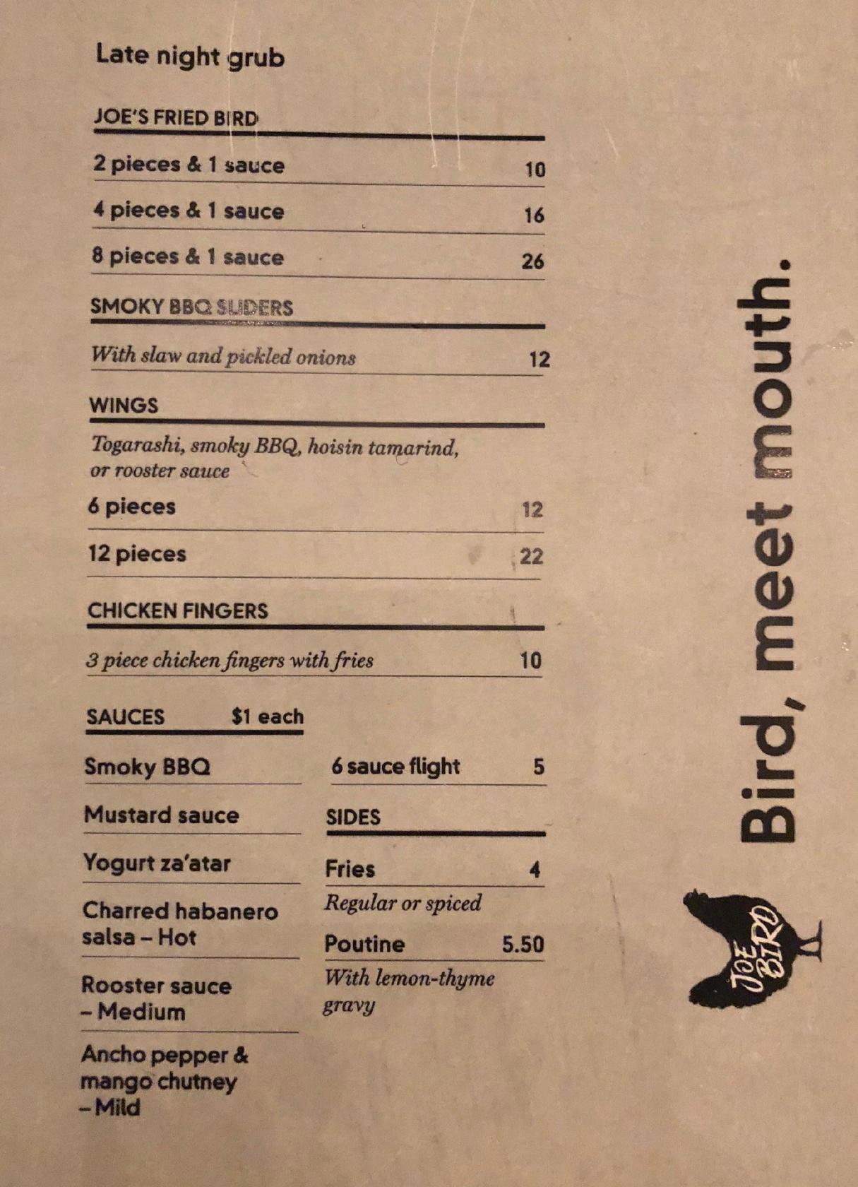 Menu at Joe Bird pub & bar, Toronto, 207 Queens Quay W #150