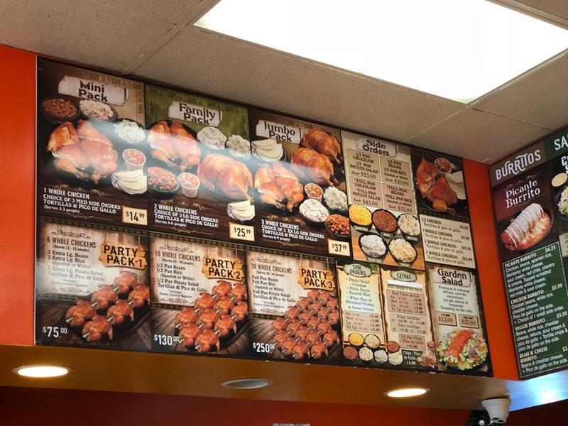 Menu at Juan's Super Pollo restaurant, Irwindale
